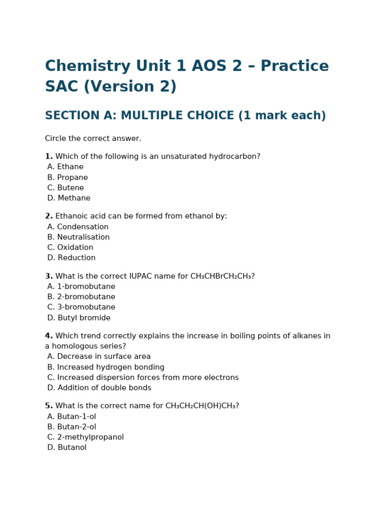 Chemistry Unit 1 AOS 2 - Practice SAC (Version 2) | PDF | Alkane | Alkene