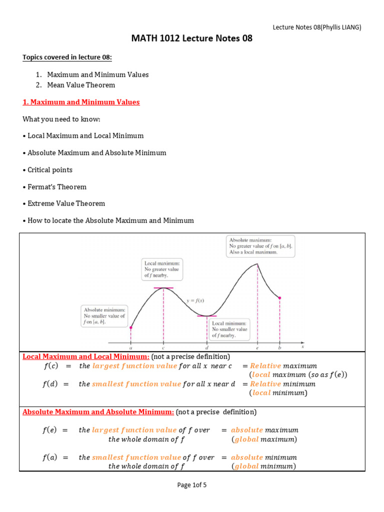 Calculus IA: Max/Min Values & Theorems | PDF | Mathematical Concepts ...