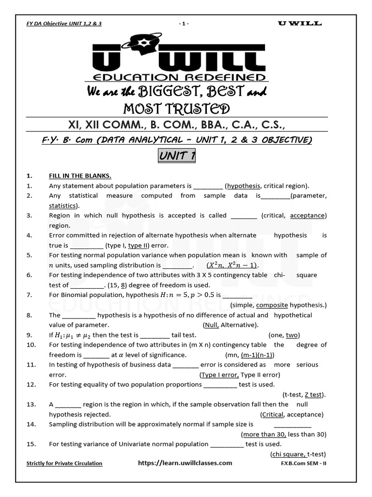 Data Analytical Objectives for FY B.Com | PDF | Student's T Test | Type ...