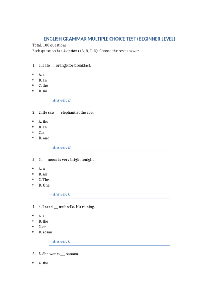 English Grammar MCQ Test | PDF | Adjective | Adverb
