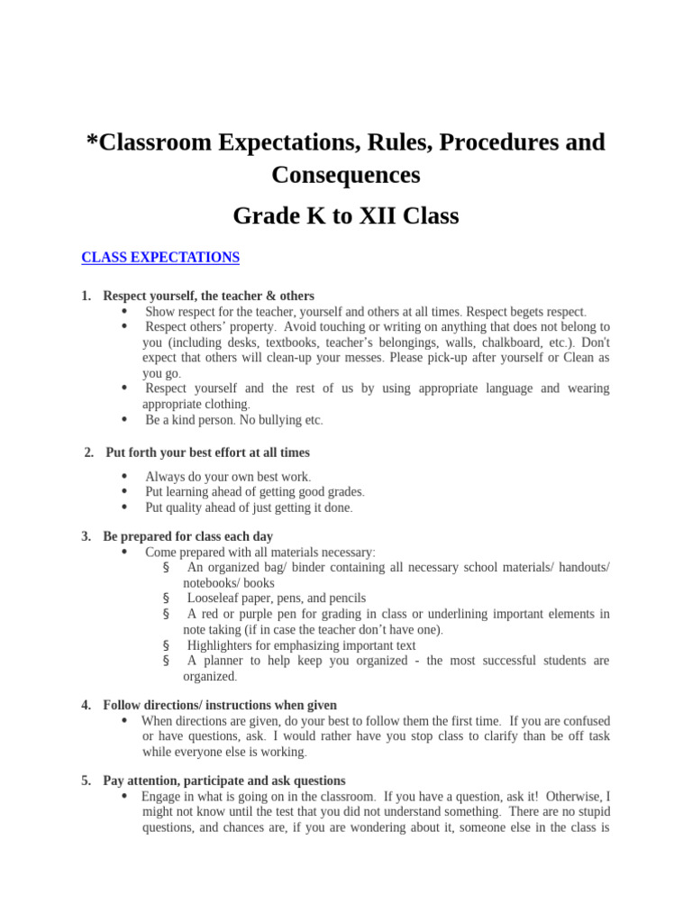Classroom Rules and Expectations | PDF | Homework | Classroom