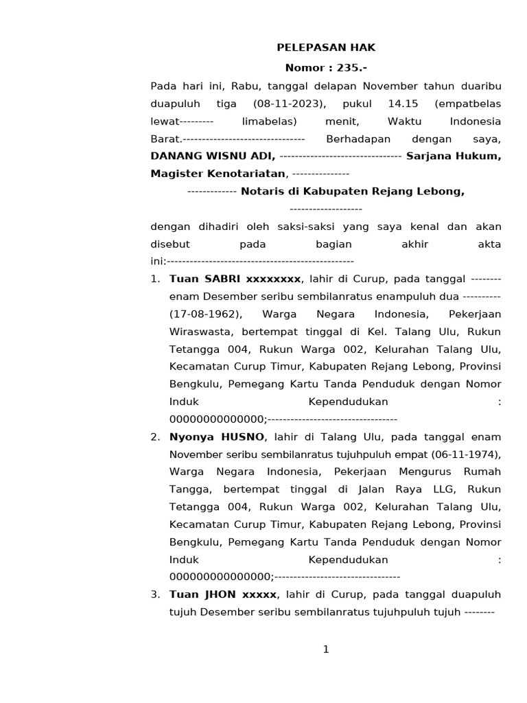 DRAFT Pelepasan Hak Waris-PT | PDF