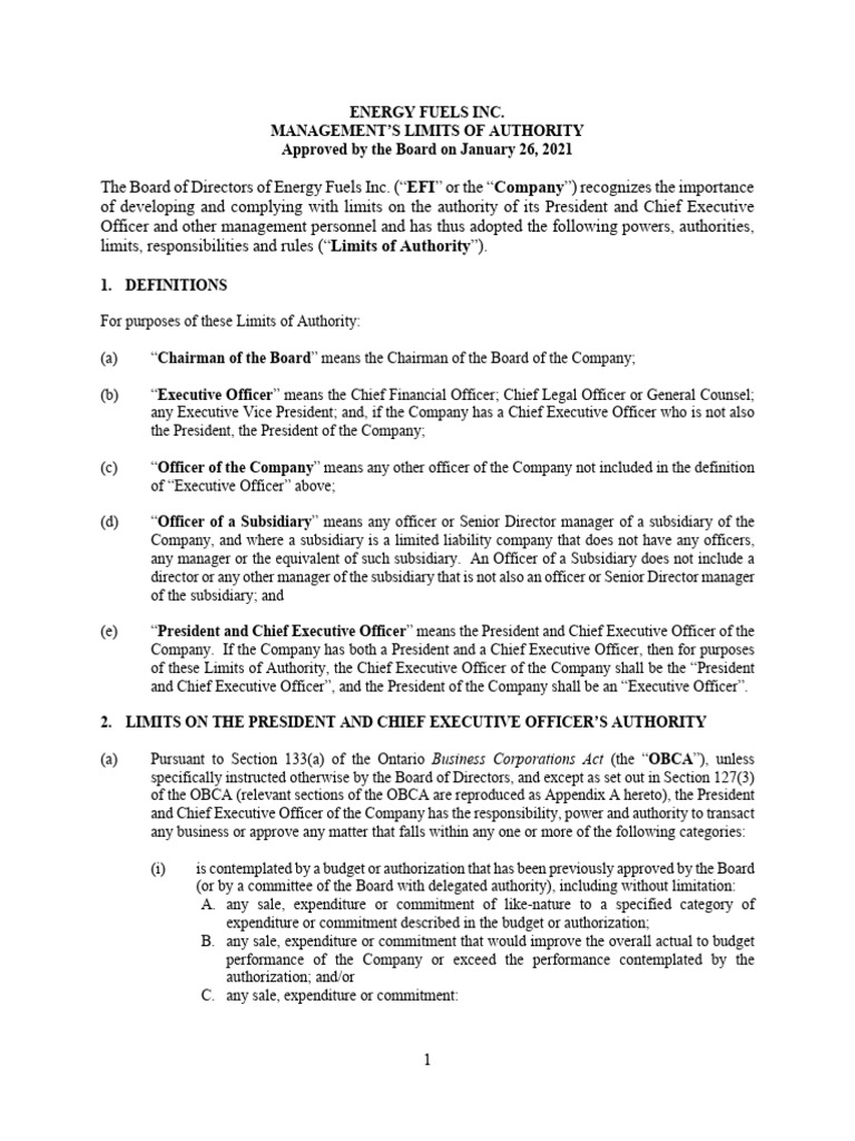 Management's Limits of Authority - Approved 1.26.2021 | PDF | Security ...