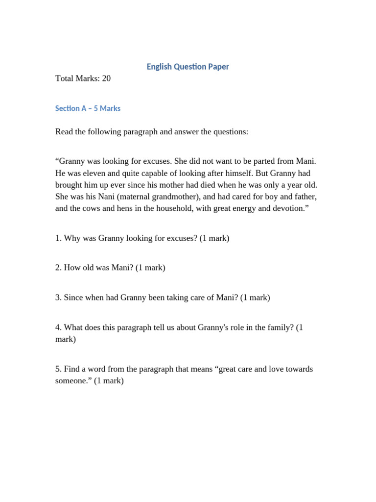 English Question Paper With Poem Lines | PDF