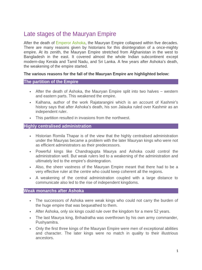 Causes of Mauryan Empire's Decline | PDF | Ashoka | Asia