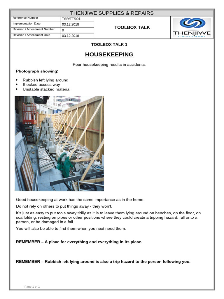 Housekeeping Toolbox Talk Overview | PDF