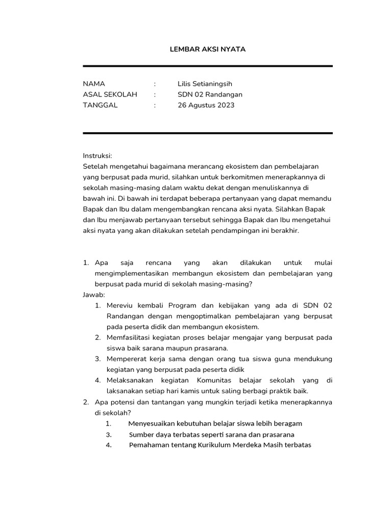 Lembar Kerja 4. Rencana Aksi Nyata (1) LOKAKARYA | PDF