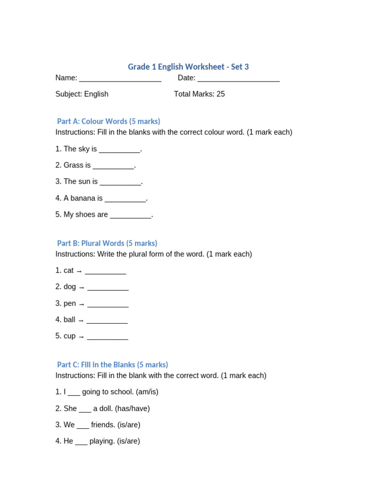 Grade1 English Worksheet Set3 | PDF