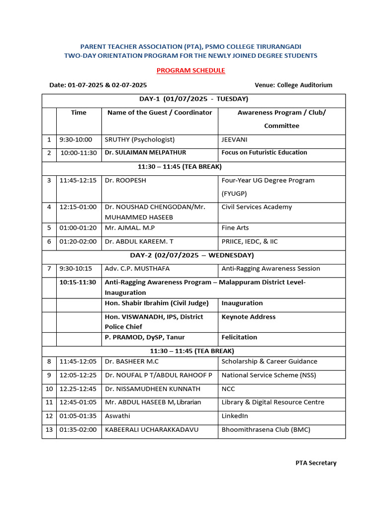 Schedule - 2 Day Orientation - Program July 2025 | PDF