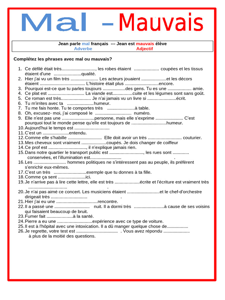 Utilisation des adverbes "mal" et "mauvais" | PDF | Échecs