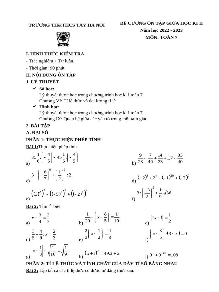 De Cuong Giua Ki 2 Toan 7 Nam 2022 2023 Truong TH Thcs Tay Ha Noi | PDF