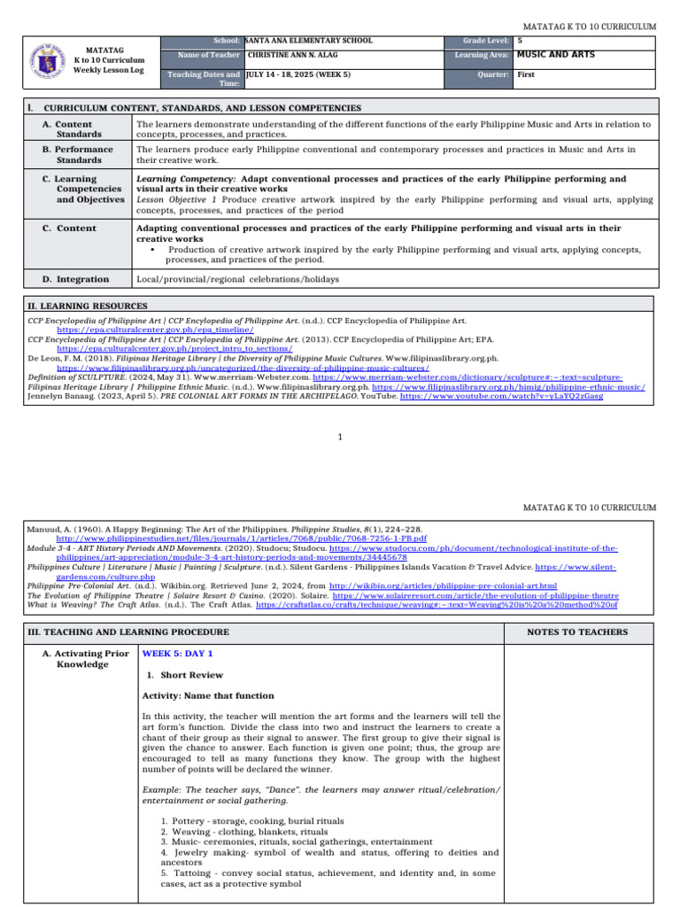 K-10 Music and Arts Lesson Plan | PDF | Teachers | Learning