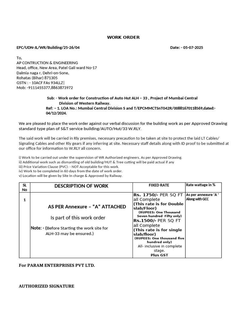 Work Order for Auto Hut Construction | PDF | Roof | Components