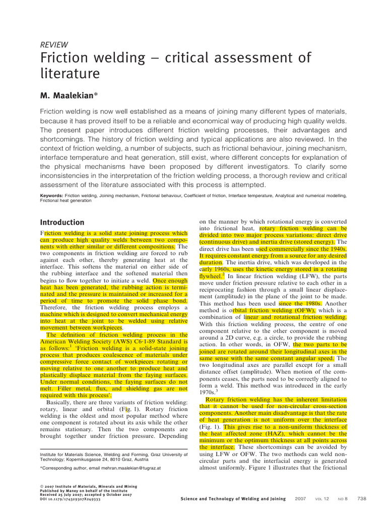 Critical Review of Friction Welding Techniques | PDF | Friction | Welding