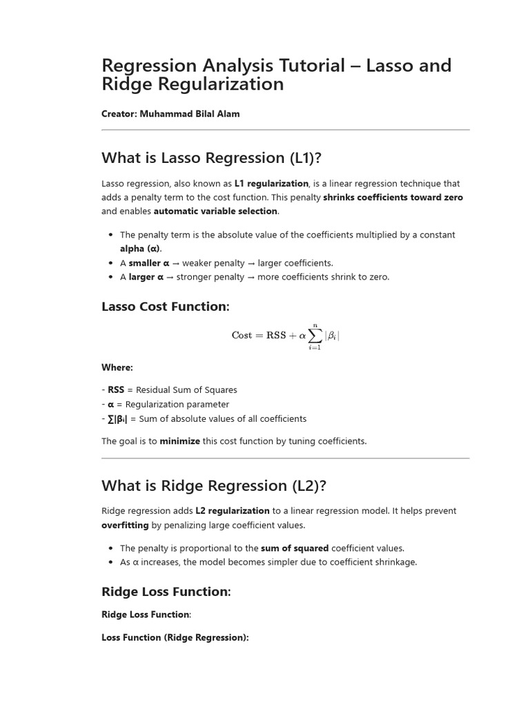 Regression Analysis - Lasso and Ridge Regularization | PDF | Linear Regression | Mean Squared Error