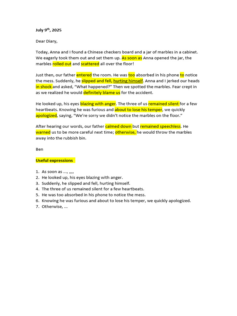 Mia's Writing - Diary Entry - Story - Marbles Rolling Out Everywhere On ...