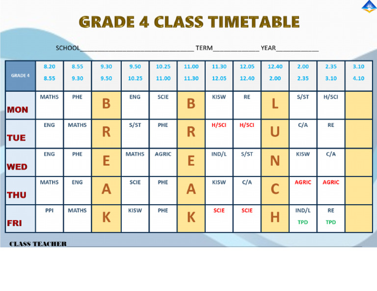 Updated Grade 4 Timetable | PDF