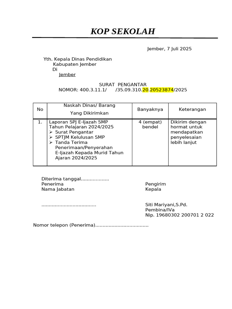 Surat Pengantar SPJ Ijazah 2024-2025.contoh | PDF