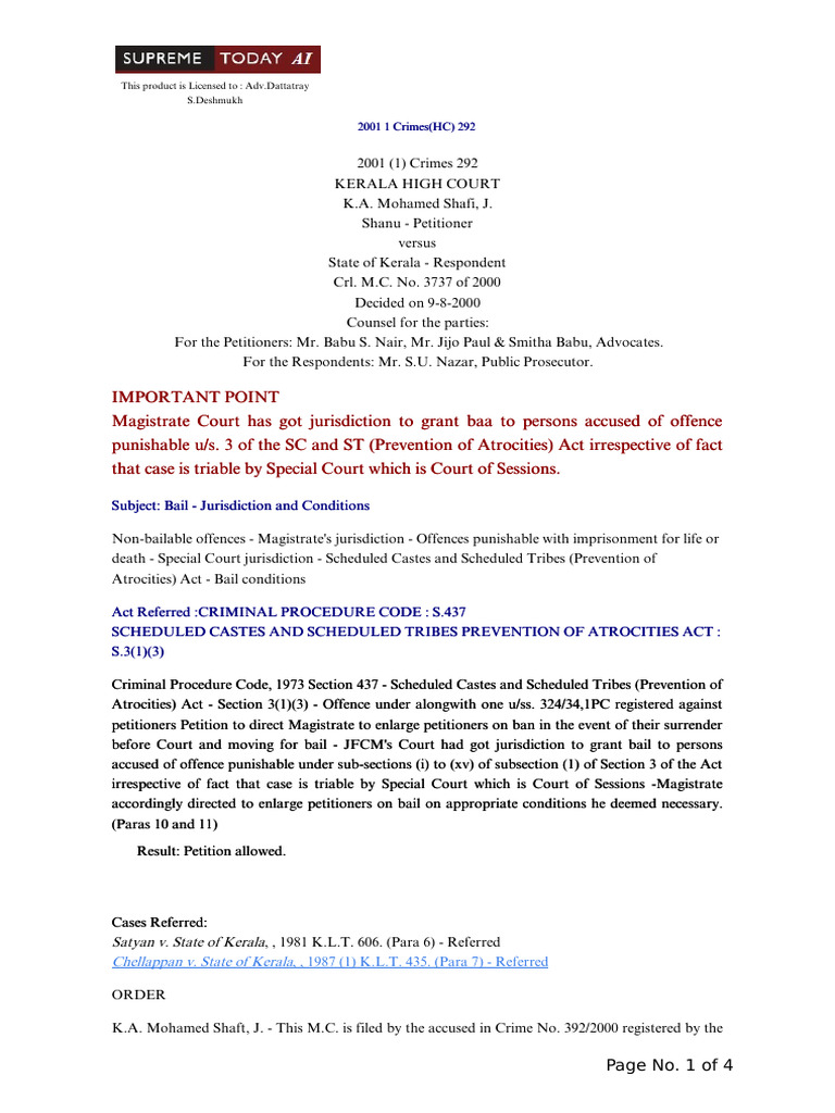 Shanu Vs State of Kerala - Supreme Today AI | PDF | Bail | Misconduct