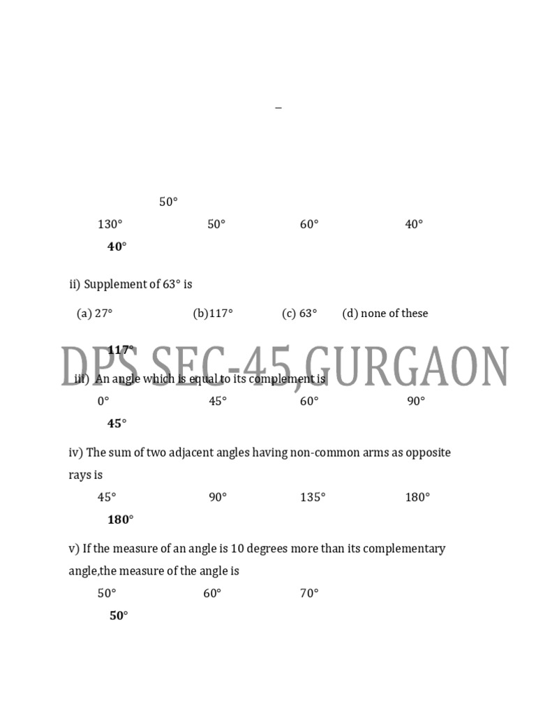 7 - Math-Answer Key - Assignment Booklet-Lines and Angles | PDF | Angle ...