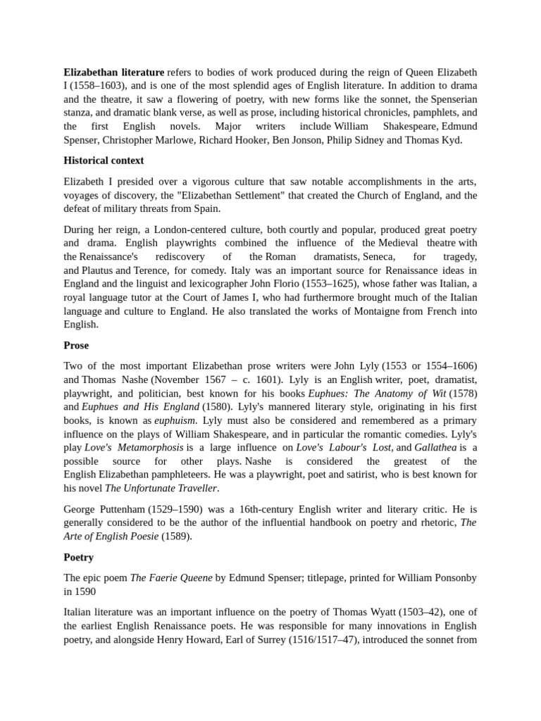 Elizabethan Literature | PDF