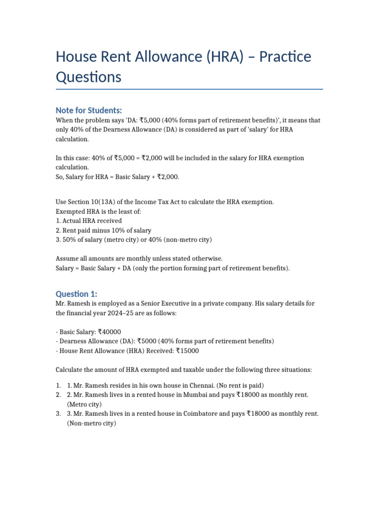 HRA Calculation Practice for Employees | PDF | Salary | Taxation