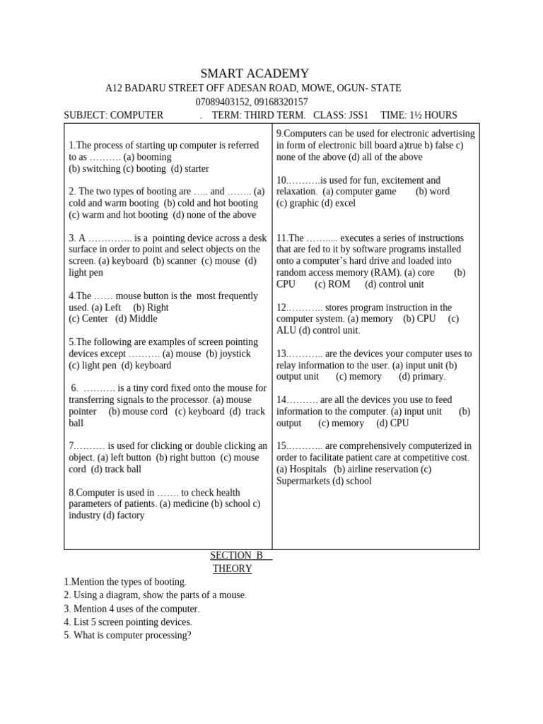 Computer JSS 1 3RD Term Smart Academy | PDF | Booting | Input/Output