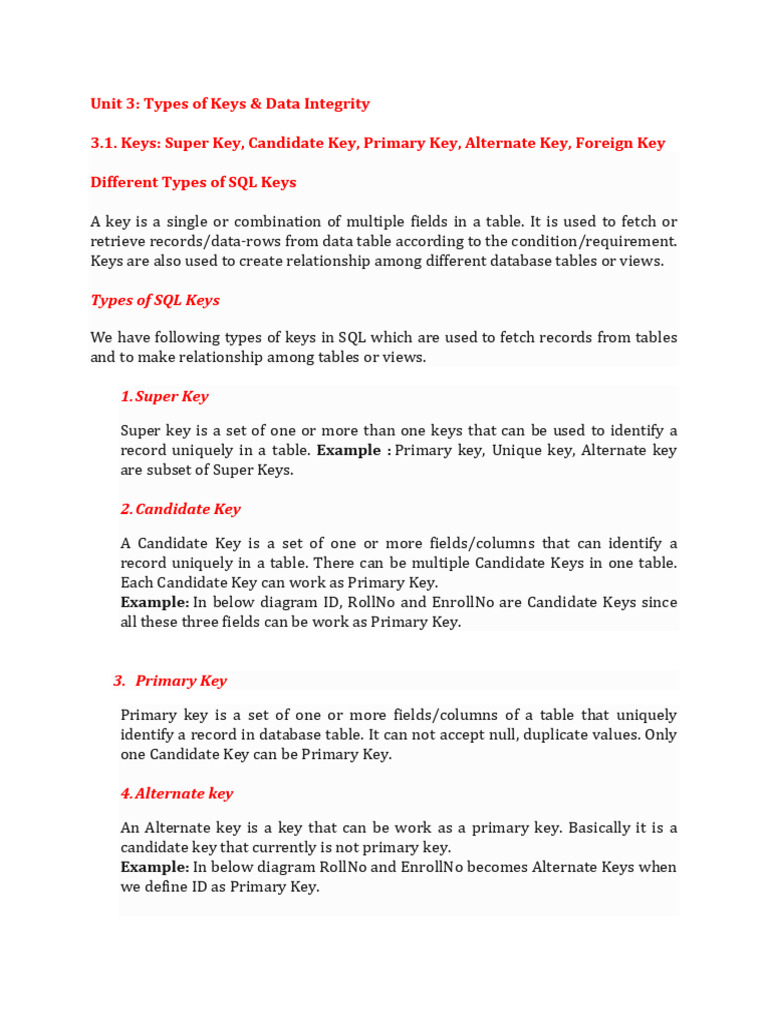 Unit 3: Types of Keys & Data Integrity 3.1. Keys: Super Key, Candidate ...