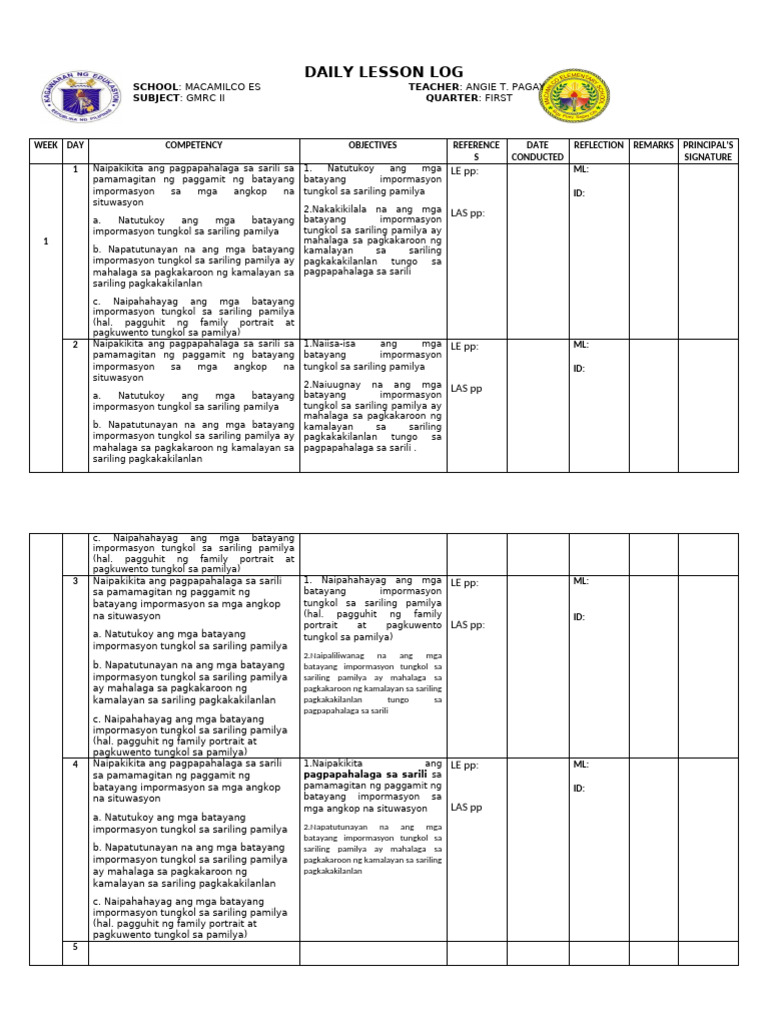 Daily Lesson Log Q1 Week 1 | PDF