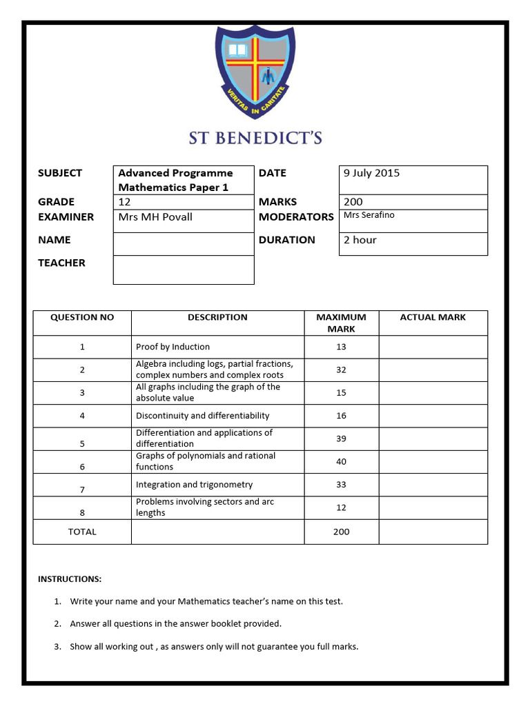 2a. 2015 GR 12 AP Calculus Prelim | PDF | Derivative | Logarithm