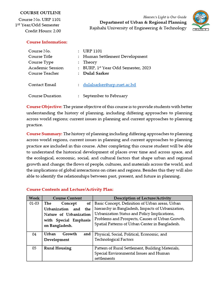 URP 1101 Course Plan RUET | PDF | Human Migration | Science