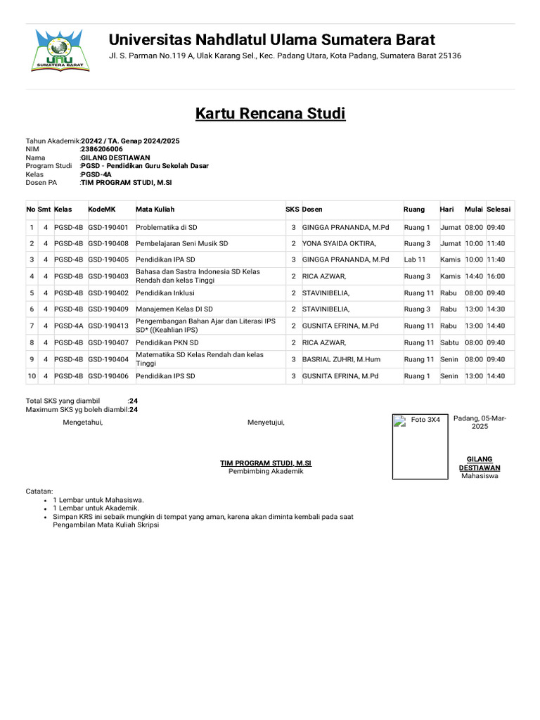 Kartu Rencana Studi Gilang Destiawan | PDF