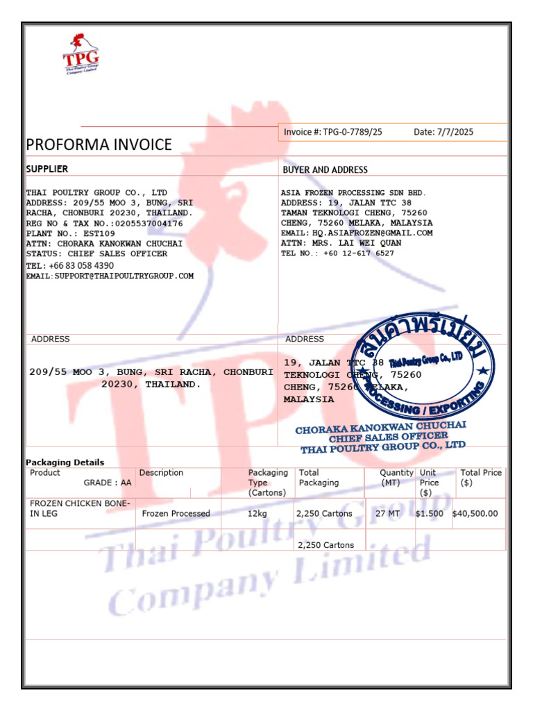Thai Poultry Group Co., LTD Invoice - Asia Frozen Processing SDN Bhd. | PDF