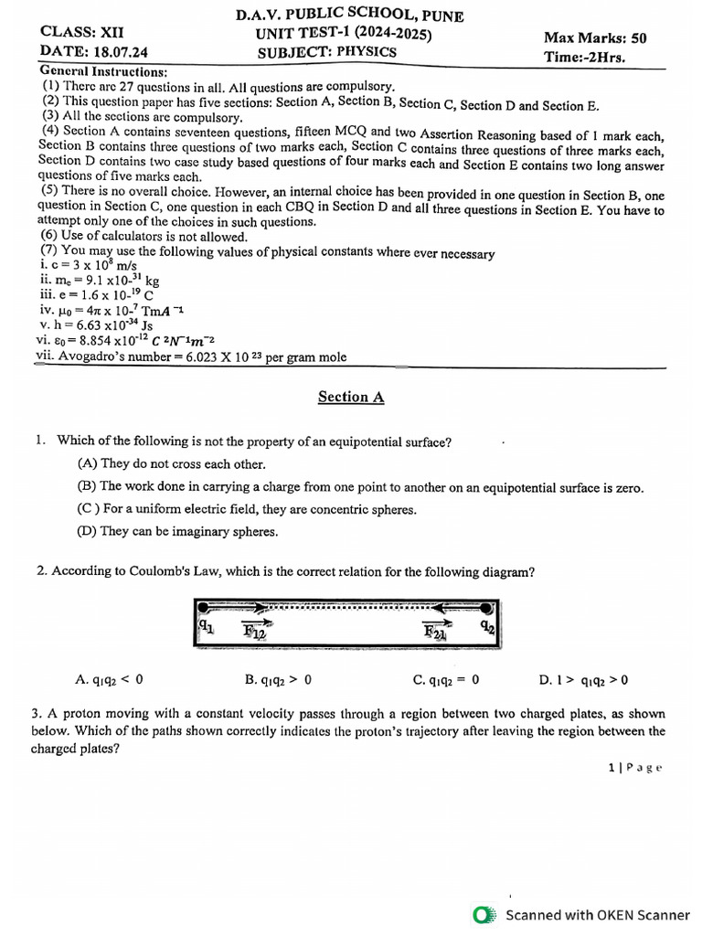 UT 1 2024 25 QP - Physics | PDF