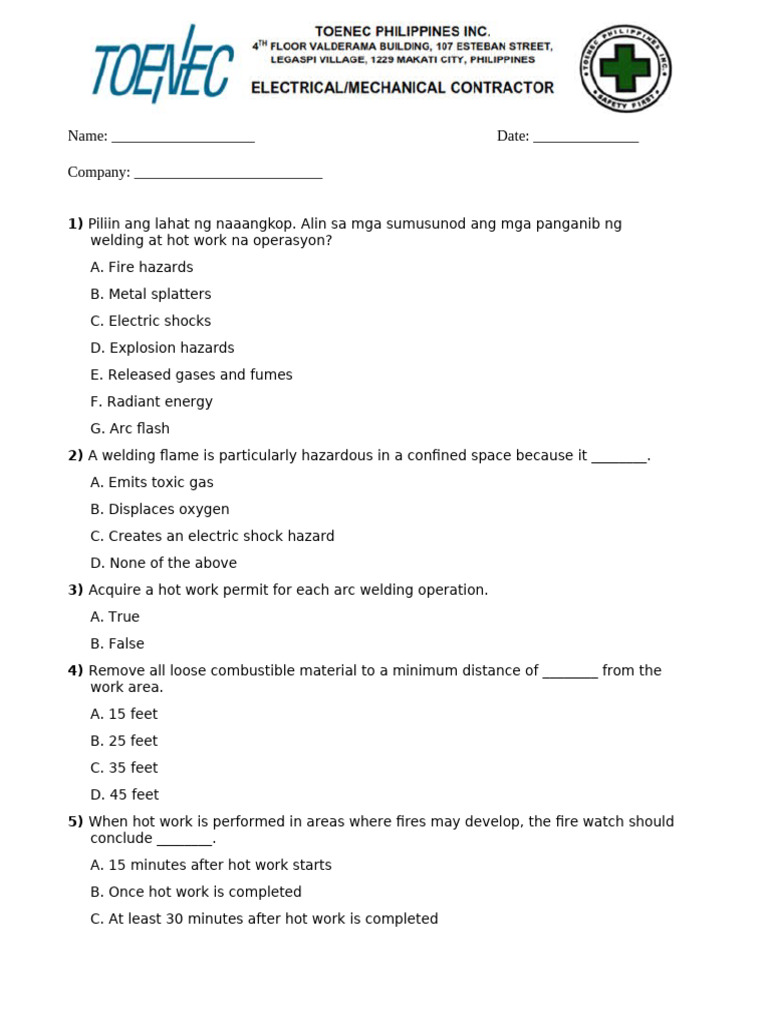 Welding and Hot Work English Quiz | PDF | Welding | Construction