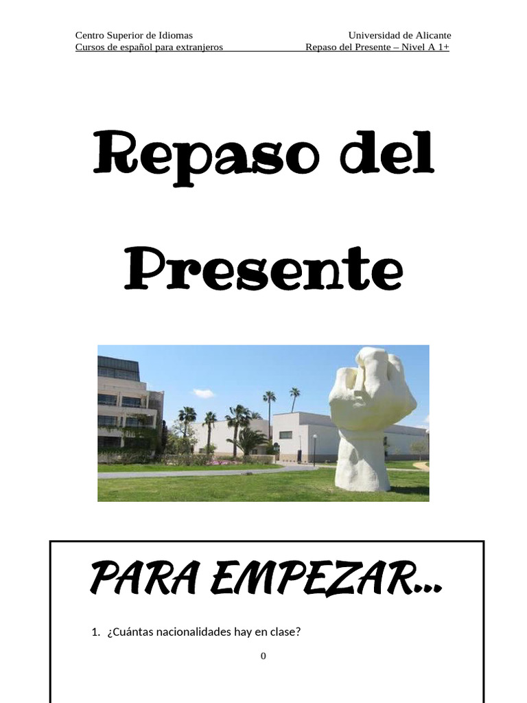 Repaso Presente - A1+ Actividad Extra de Santiago para El Primer Día | PDF