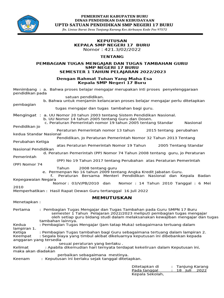 SK Pembagian Tugas Guru 2022-2023 | PDF