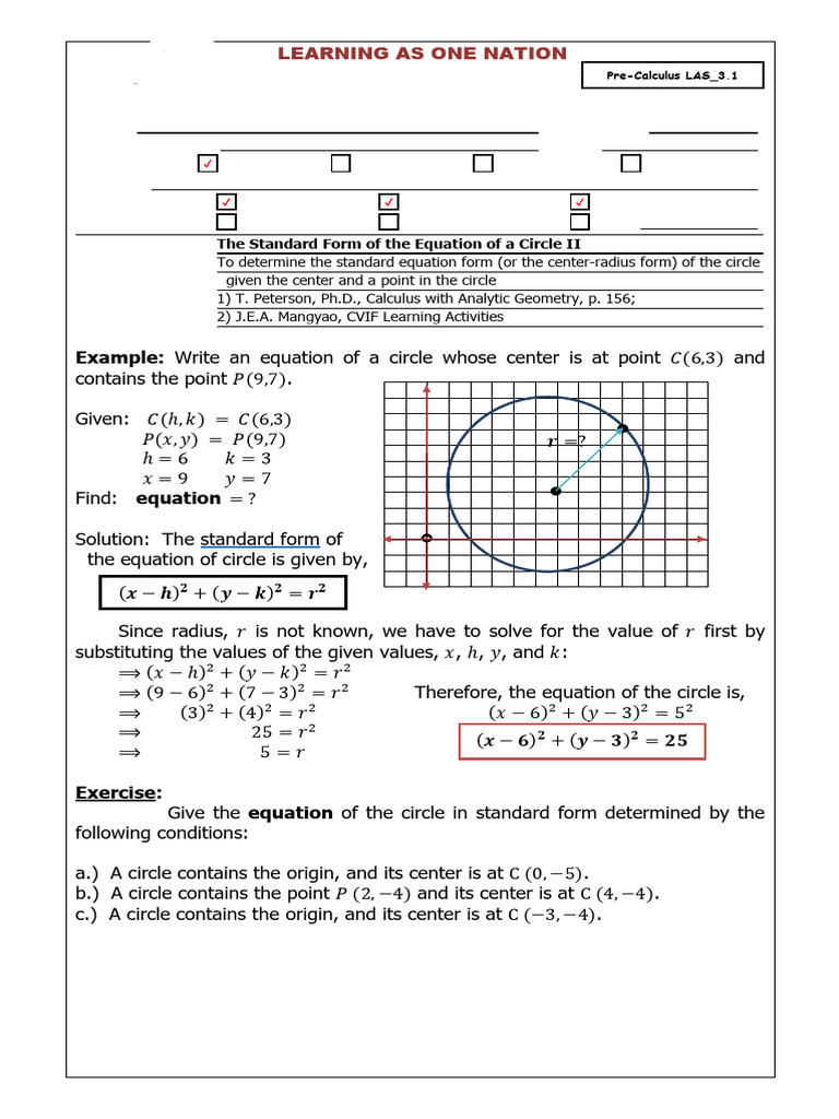 Pre Calculus LAS 3.1 The Standard Form of The Equation of A Circle II | PDF | Equations | Circle