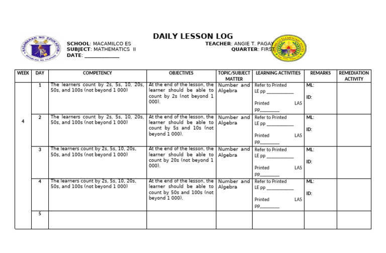 Daily Math Lesson Log for Counting | PDF | Mathematics | Learning