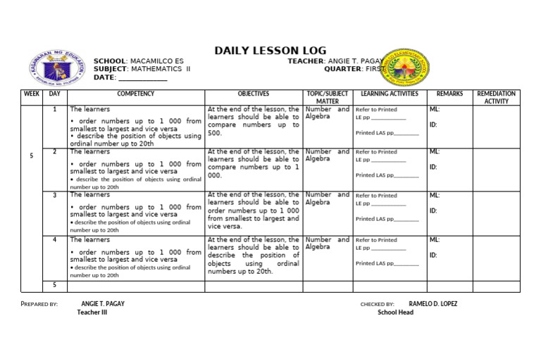 Daily Lesson Log Q1 Week 5 | PDF | Mathematics | Learning