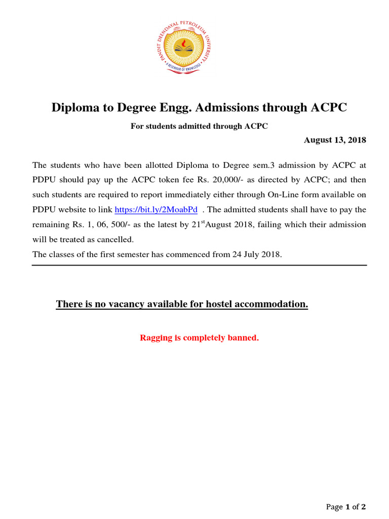D2D ACPC Admitted Students - Fee Notice & Reporting | PDF | Cheque | Banks