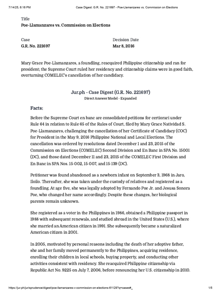Case Digest - G.R. No. 221697 - Poe-Llamanzares vs. Commission On Elections | PDF ...