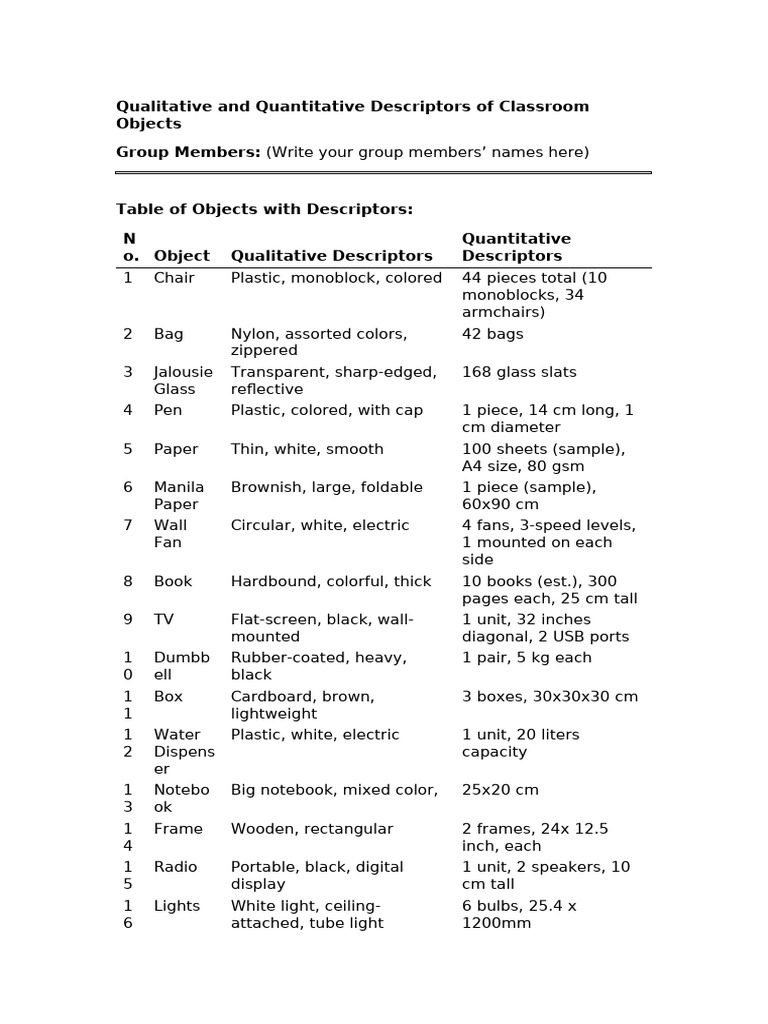 Classroom Objects: Qualitative & Quantitative Descriptors | PDF