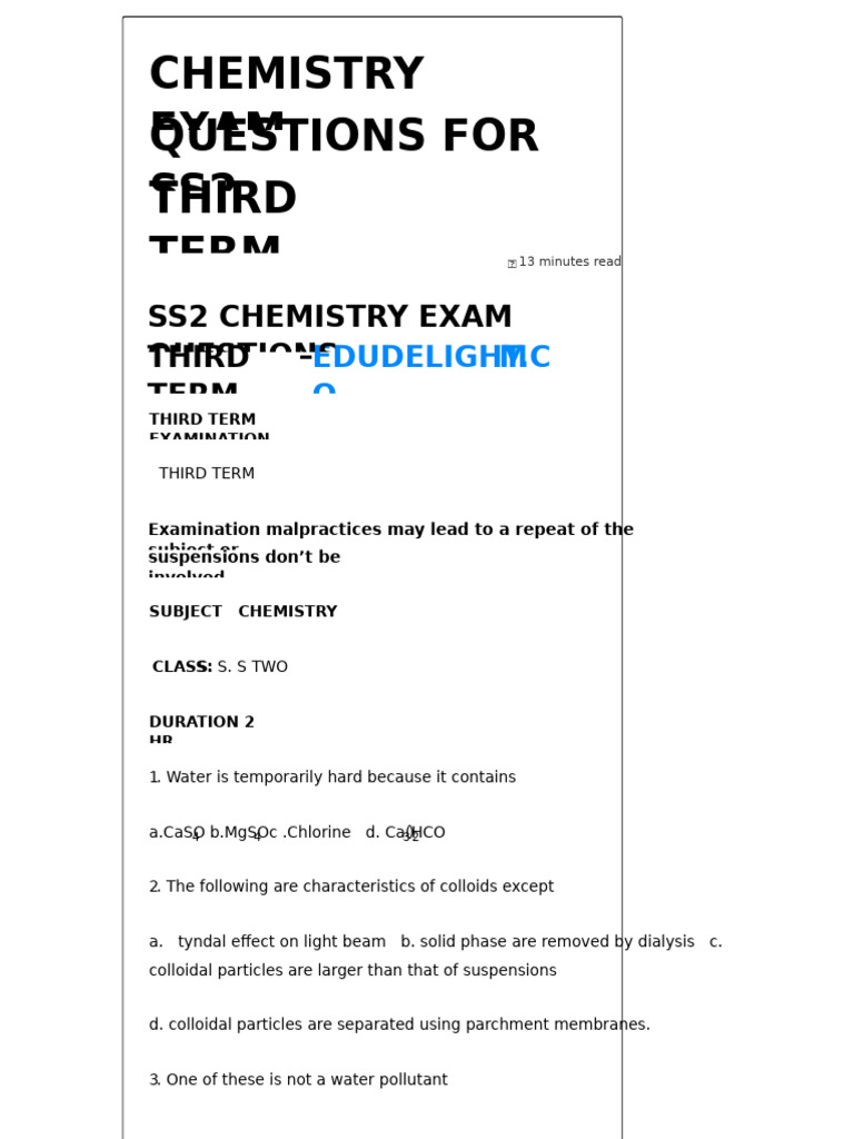 SS2 Third Term Chemistry Exam Questions | PDF | Chemical Elements | Atoms