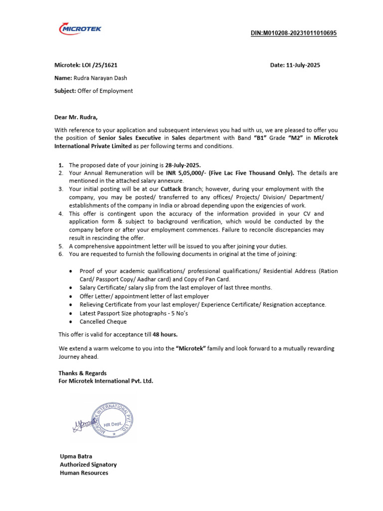 LOI - Rudra Narayan Dash | PDF