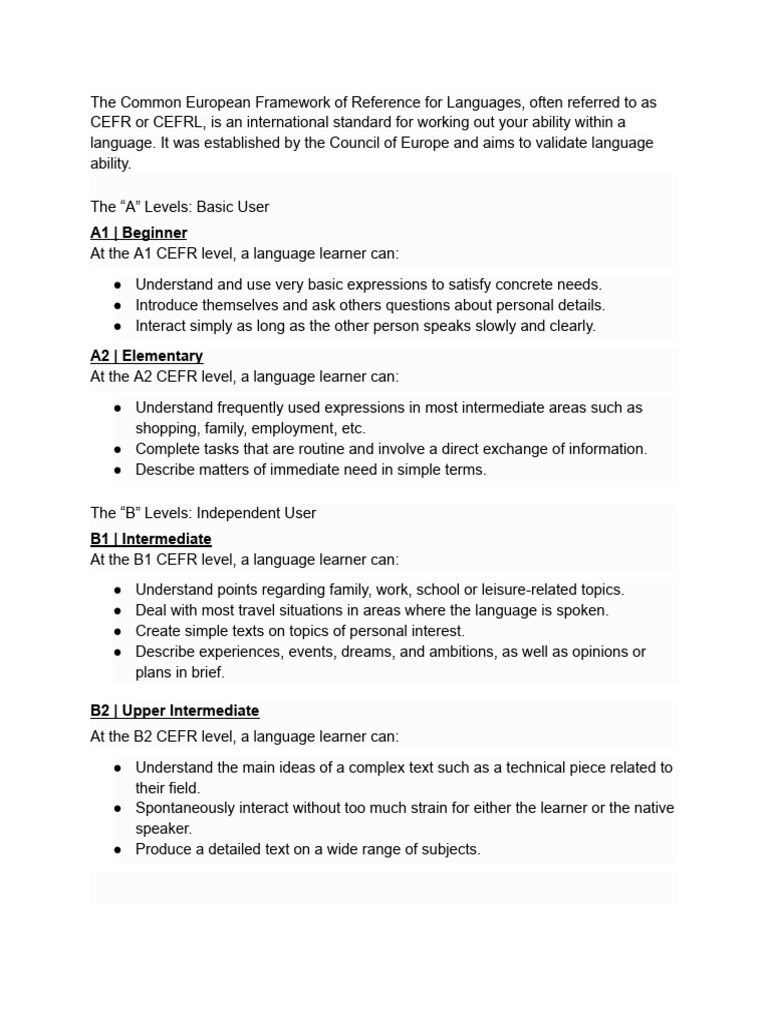 CEFR Language Proficiency Levels Explained | PDF