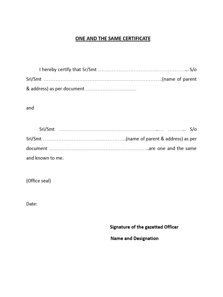 One and Same Certificate Format | PDF