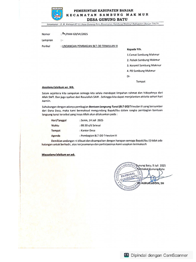 Undangan BLT Desa Gunung Batu Kec. | PDF