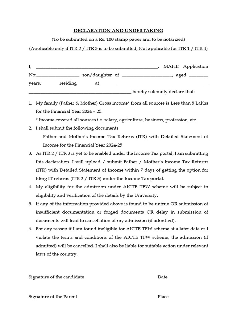 Undertaking by Candidate and Parent For AICTE TFW | PDF