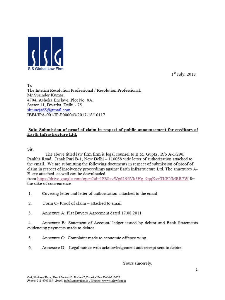 Proof of Claim Submission for Earth Infrastructure | PDF
